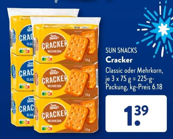 SUN SNACKS Cracker Classic oder Mehrkorn 225-g-Packung Angebot bei Aldi Süd