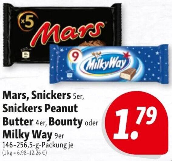 Mars, Snickers 5er, Snickers Peanut Butter 4er, Bounty oder Milky Way ...