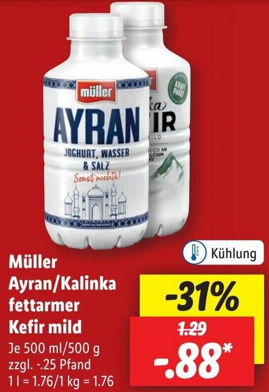 Müller Ayran/Kalinka fettarmer Kefir mild 500 ml/500 g Angebot bei Lidl