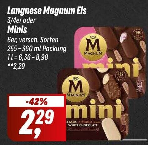 Langnese Magnum Eis 3/4er oder Minis 6er, versch. Sorten 255-360ml ...