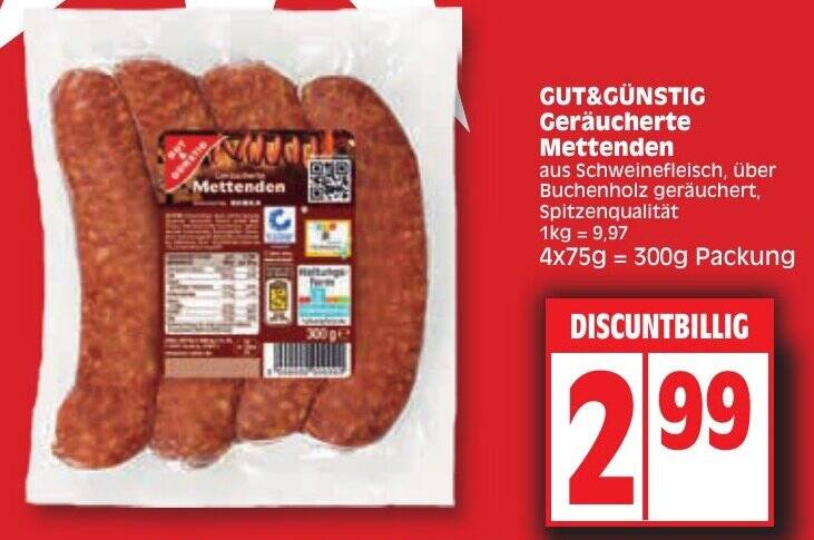 GUT&GÜNSTIG Geräucherte Mettenden 300 g Packung Angebot bei Edeka