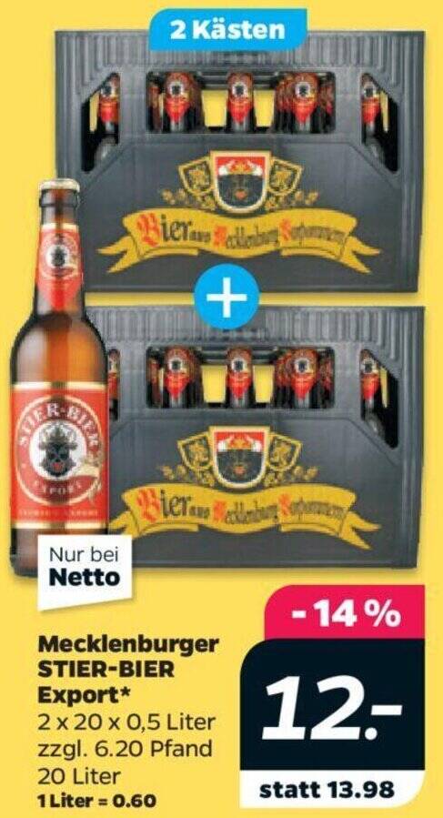 Mecklenburger STIER-BIER Export 2 x 20 x 0,5 Liter Angebot bei NETTO