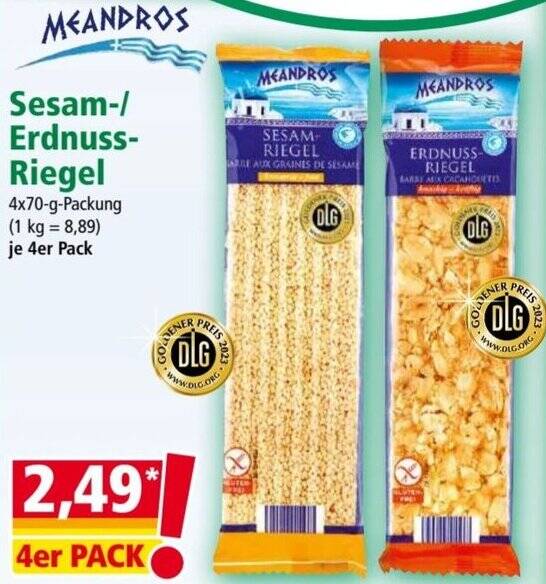 MEANDROS Sesam/ Erdnuss-Riegel 4x70 g Packung Angebot bei Norma