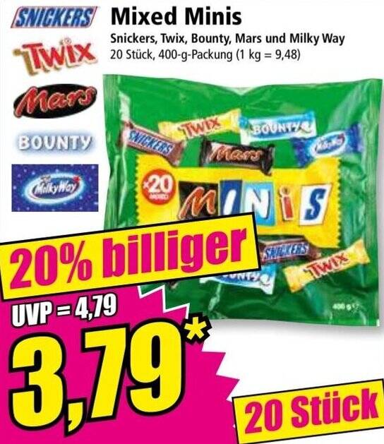 SNICKERS/TWIX/MARS/BOUNTY Mixed Minis 400 g Packung Angebot bei Norma