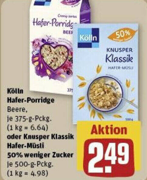 Kölln Hafer-Porridge 375 g oder Knusper Klassik Hafer-Müsli 50% weniger Zucker 500 g Pckg ...