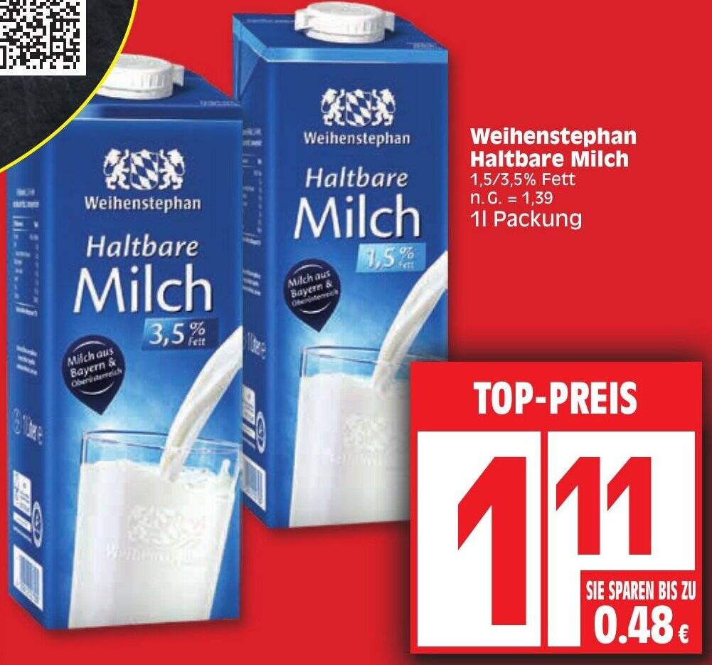 Weihenstephan Haltbare Milch 1 L Packung Angebot bei Edeka