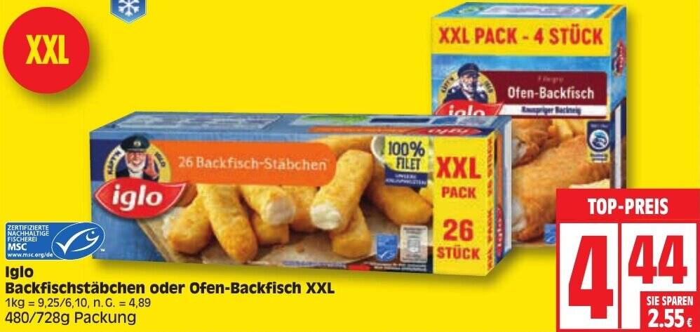 Iglo Backfischstäbchen oder Ofen-Backfisch XXL 480/728g Packung Angebot ...