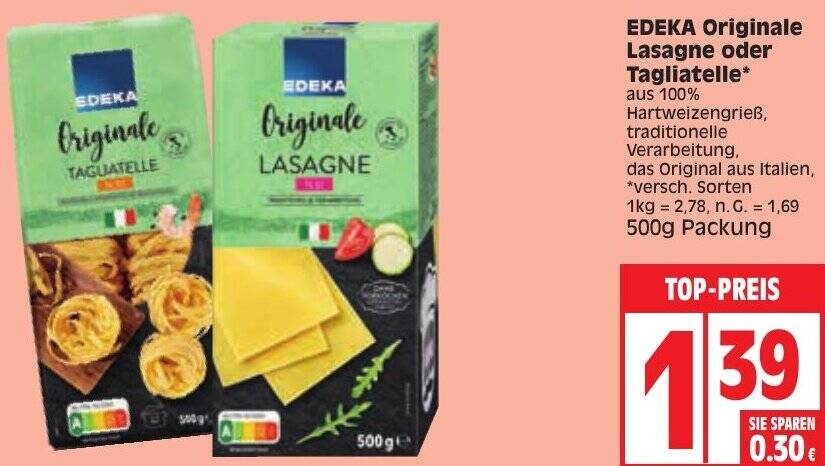EDEKA Originale Lasagne oder Tagliatelle 500 g Packung Angebot bei Edeka