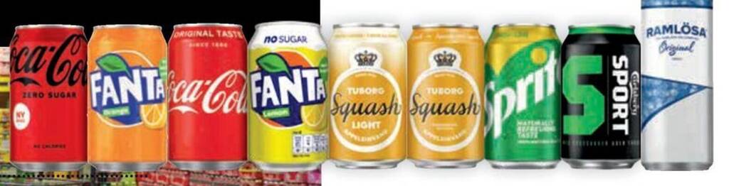 Coca-Cola, Fanta, Tuborg Squash, Sprite, Carlsberg Sport eller Ramlösa ...