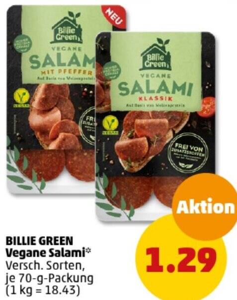 BILLIE GREEN Vegane Salami 70 g Packung Angebot bei PENNY