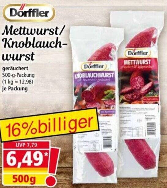 Dorffler Mettwurst/ Knoblauchwurst 500 g Packung Angebot bei Norma