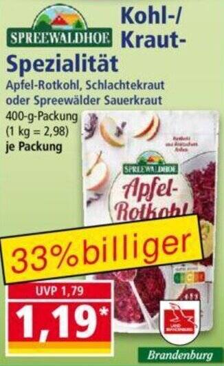 SPREEWALDHOF Kohl/Kraut-Spezialität 400 g Packung Angebot bei Norma