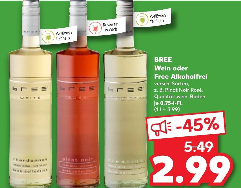 BREE Wein oder Free Alkoholfrei 0,75 l Fl. Angebot bei Kaufland