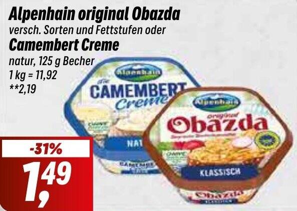 Alpenhain original Obazda oder Camembert Creme 125 g Becher Angebot bei ...