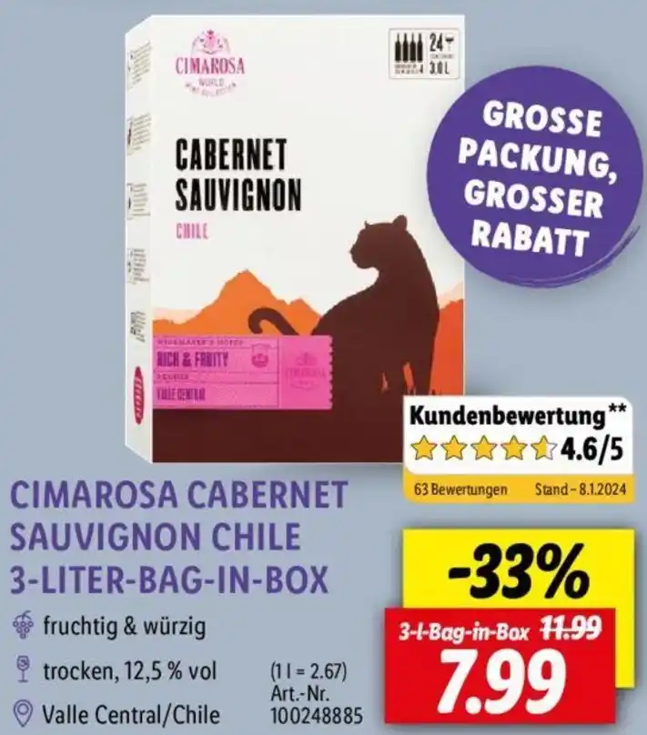 CIMAROSA CABERNET SAUVIGNON CHILE 3-LITER-BAG-IN-BOX Angebot bei Lidl