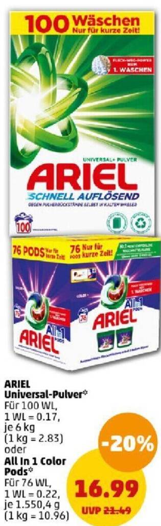 ARIEL Universal-Pulver 6 kg oder All In 1 Color Pods 1.550,4 g Angebot ...