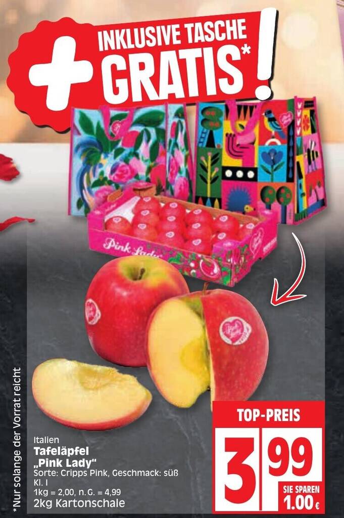 Tafeläpfel ,,Pink Lady" 2kg Kartonschale Angebot bei Edeka