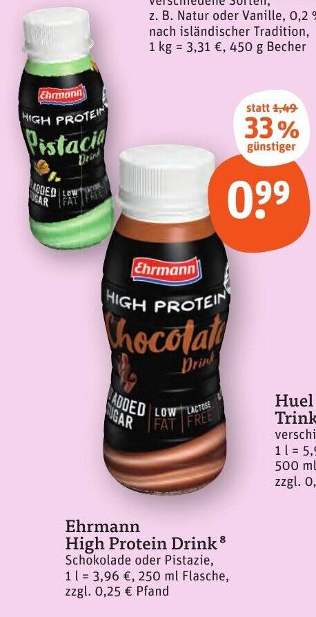 Ehrmann High Protein Drink 8 Schokolade oder Pistazie, 250 ml Flasche ...