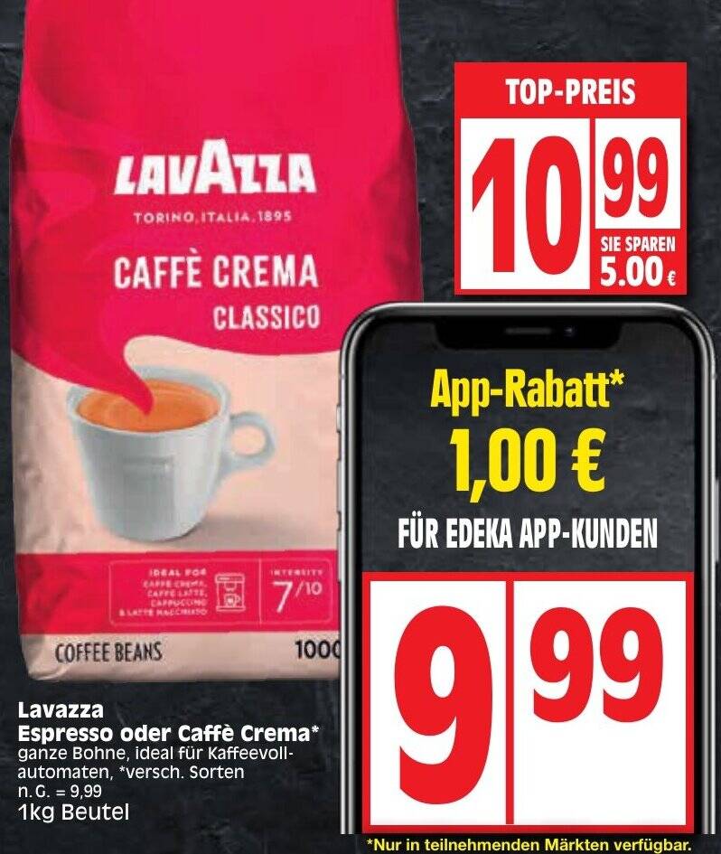 Lavazza Espresso oder Caffè Crema 1kg Beutel Angebot bei Edeka