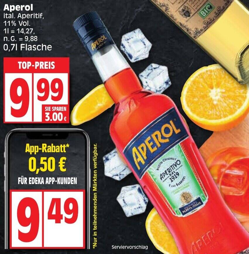 Aperol ital. Aperitif 0,7 L Flasche Angebot bei Edeka