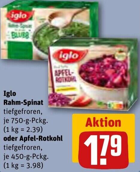 Iglo Rahm-Spinat 750 g oder Apfel-Rotkohl 450 g Pckg. Angebot bei REWE
