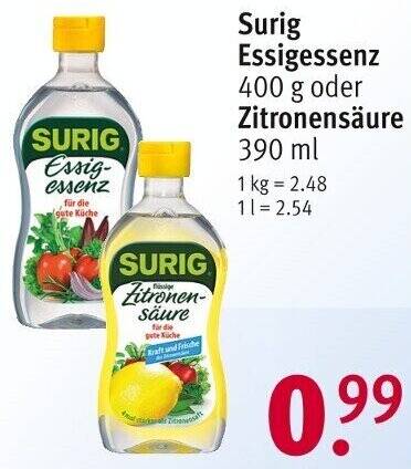 Surig Essigessenz 400 g oder Zitronensäure 390 ml Angebot bei Rossmann