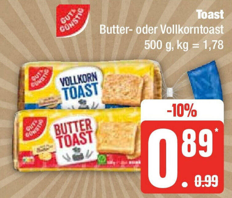Toast Butter- oder Vollkorntoast 500 g Angebot bei Edeka