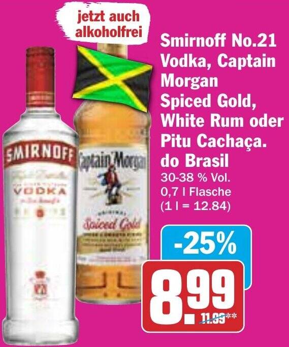 Smirnoff No.21 Vodka, Captain Morgan Spiced Gold, White Rum oder Pitu ...