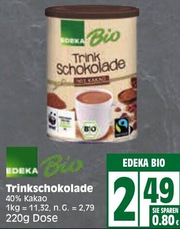 EDEKA Bio Trinkschokolade 220 g Dose Angebot bei Edeka
