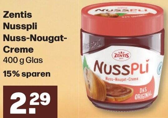 Zentis Nusspli Nuss-Nougat Creme 400 g Glas Angebot bei Handelshof
