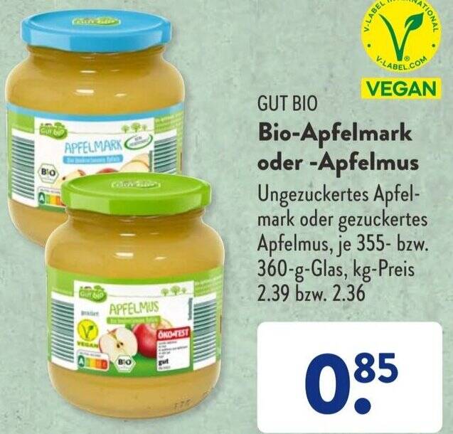 GUT BIO Bio-Apfelmark oder Apfelmus 355-360 g Glas Angebot bei Aldi Süd