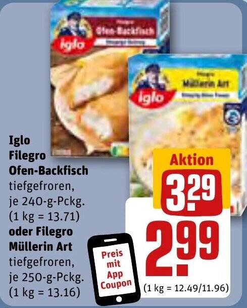 Iglo Filegro Ofen-Backfisch 240-g-Pckg. oder Filegro Müllerin Art 250-g ...