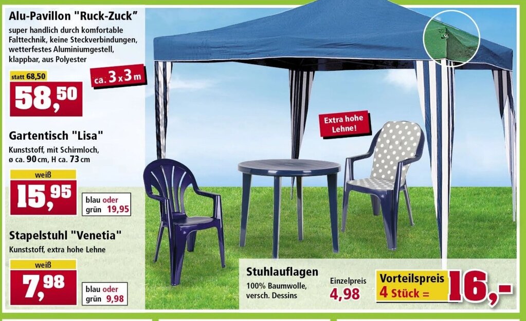 Alu Pavillon Ruck Zuck, Gartentisch Lisa oder Stapelstuhl Venetia oder ...