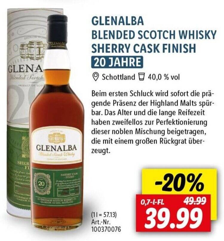GLENALBA BLENDED SCOTCH WHISKY SHERRY CASK FINISH 20 JAHRE 0,7 l Fl ...