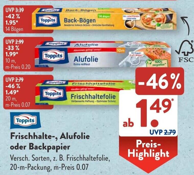 Toppits Frischhalte-, Alufolie oder Backpapier 20 m Packung Angebot bei ...