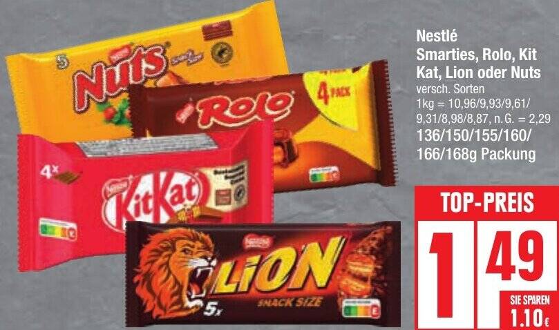 Nestlé Smarties, Rolo, Kit Kat, Lion oder Nuts 136/150/155/160/ 166 ...