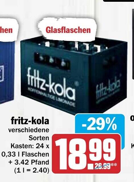 fritz-kola verschiedene Sorten Kasten: 24 x 0,33 I Flaschen Angebot bei HIT