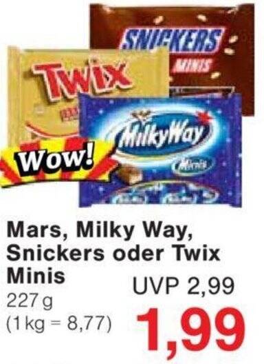 Mars, Milky Way, Snickers oder Twix Minis 227 g Angebot bei Jawoll