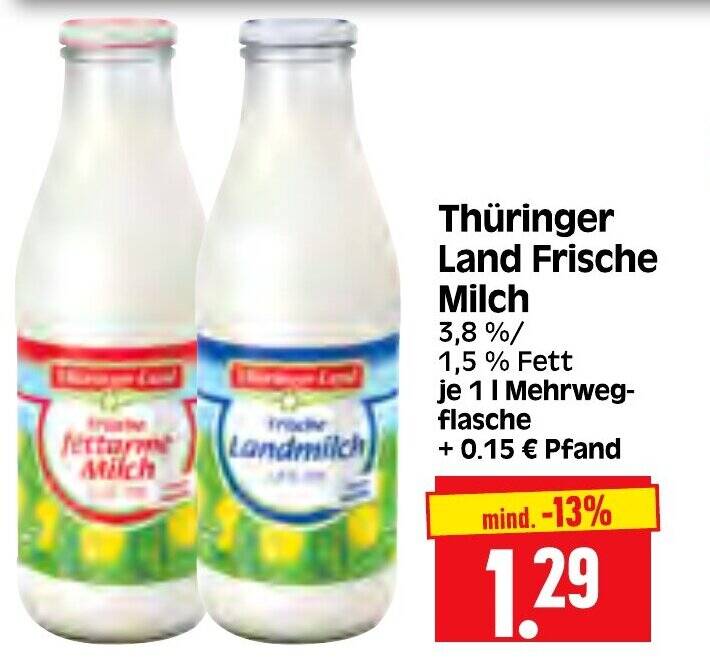 Thüringer Land Frische Milch 1 | Mehrweg- flasche Angebot bei Edeka ...