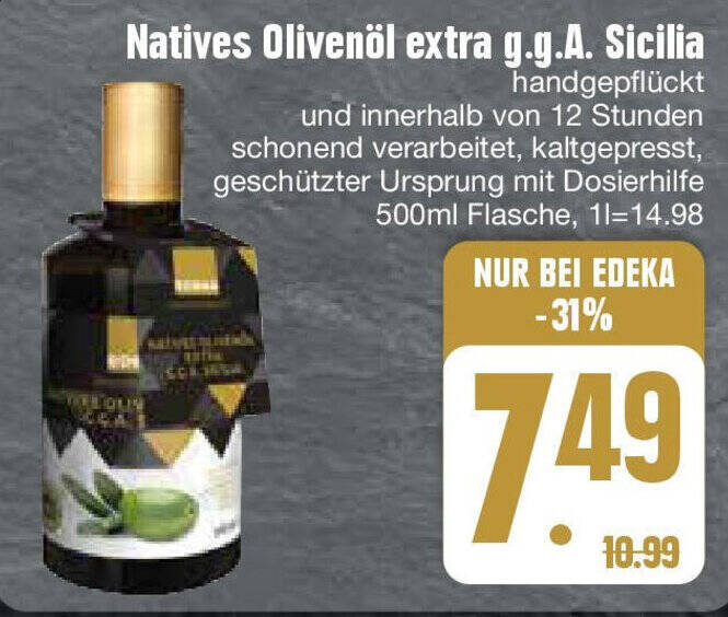 Natives Olivenöl extra g.g.A. Sicilia 500 ml Glas Angebot bei Edeka