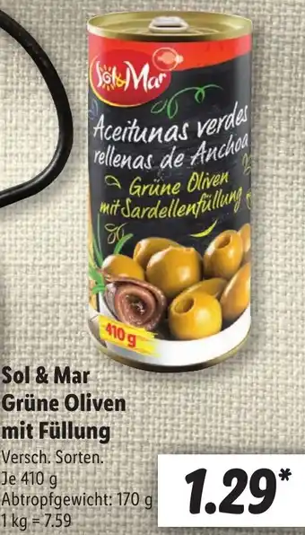 Sol & Mar Grüne Oliven mit Füllung 410 g Angebot bei Lidl