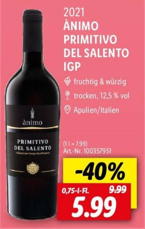 2021 ÀNIMO PRIMITIVO DEL SALENTO IGP 0,75 L-Fl. Angebot bei Lidl