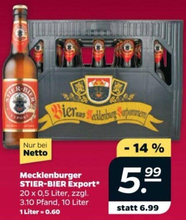 Mecklenburger STIER-BIER Export 20 x 0,5 Liter Angebot bei NETTO