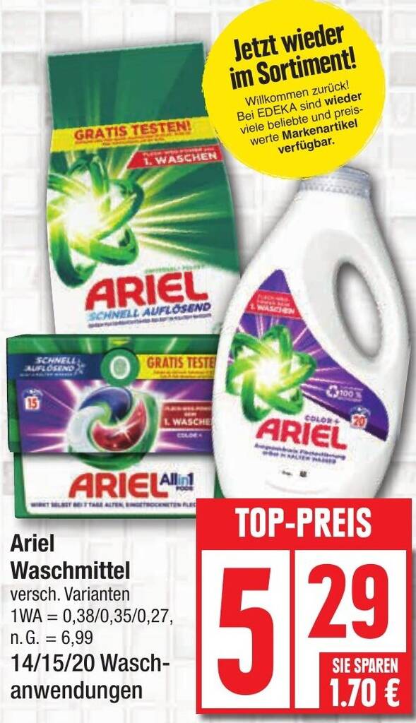Ariel Waschmittel 14/15/20 Wasch- anwendungen Angebot bei Edeka