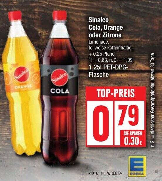 Sinalco Cola, Orange oder Zitrone Limonade, 1.25L Angebot bei Edeka