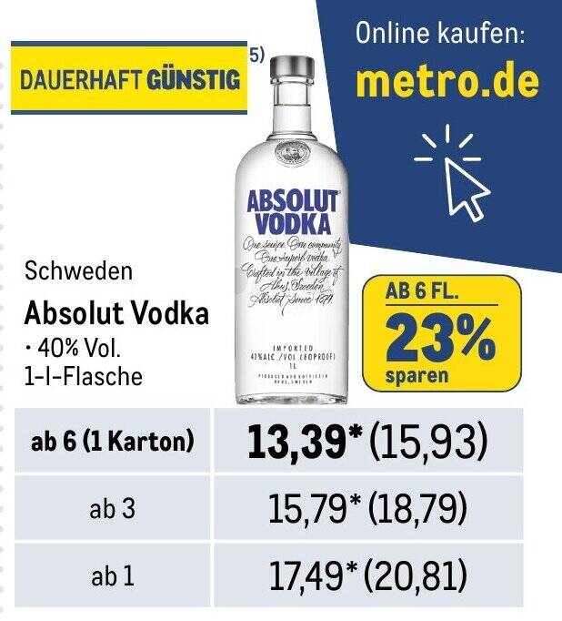 Absolut Vodka 40% Vol. 1-I-Flasche Angebot bei METRO
