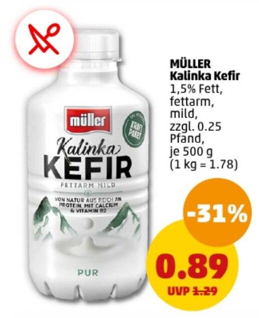 MÜLLER Kalinka Kefir 1,5% Fett, fettarm, mild, je 500 g Angebot bei PENNY