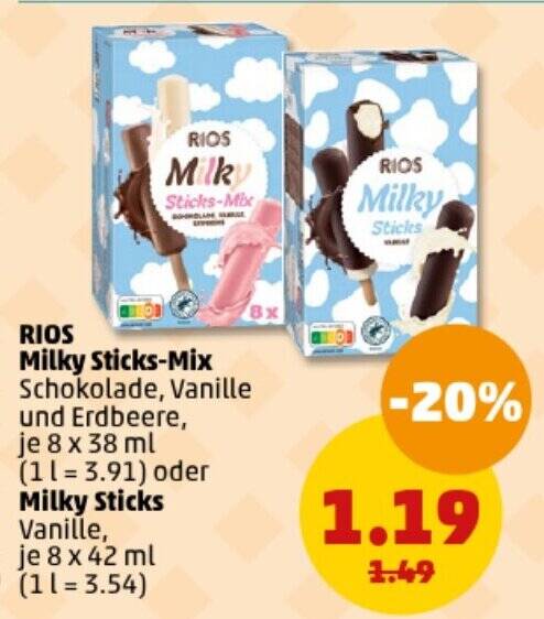 RIOS Milky Sticks-Mix Schokolade, Vanille und Erdbeere, je 8 x 38 ml ...