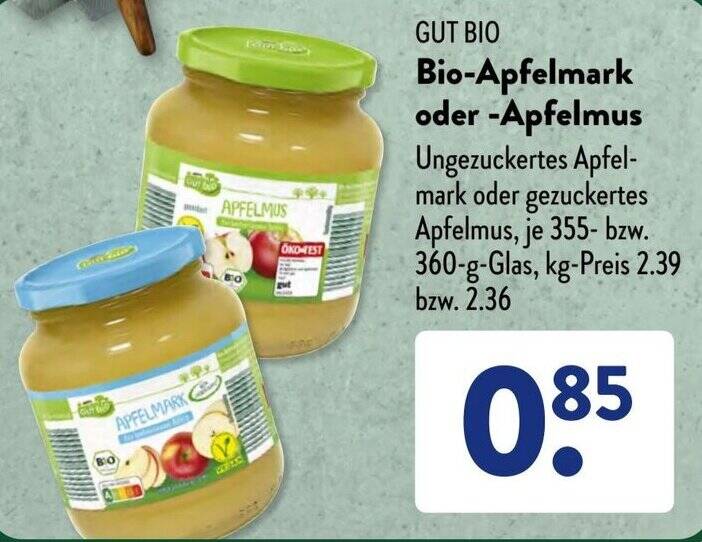 GUT BIO Bio-Apfelmark oder -Apfelmus 360 g Glas Angebot bei Aldi Süd