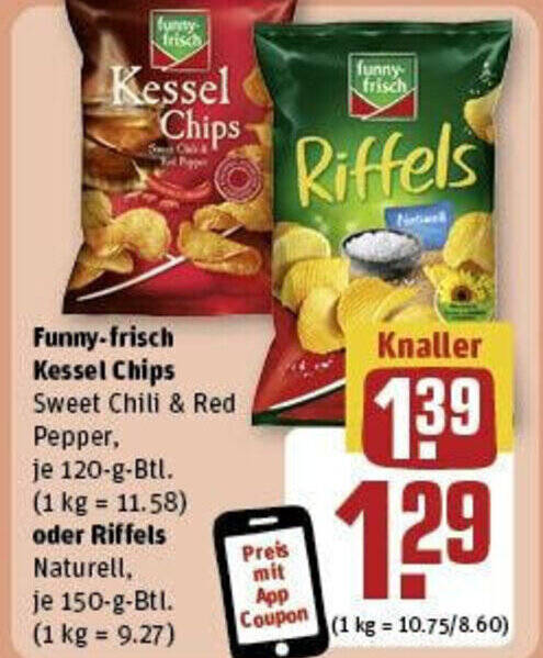 Funny-frisch Kessel Chips 120 g Btl. oder Riffels 150 g Btl. Angebot ...